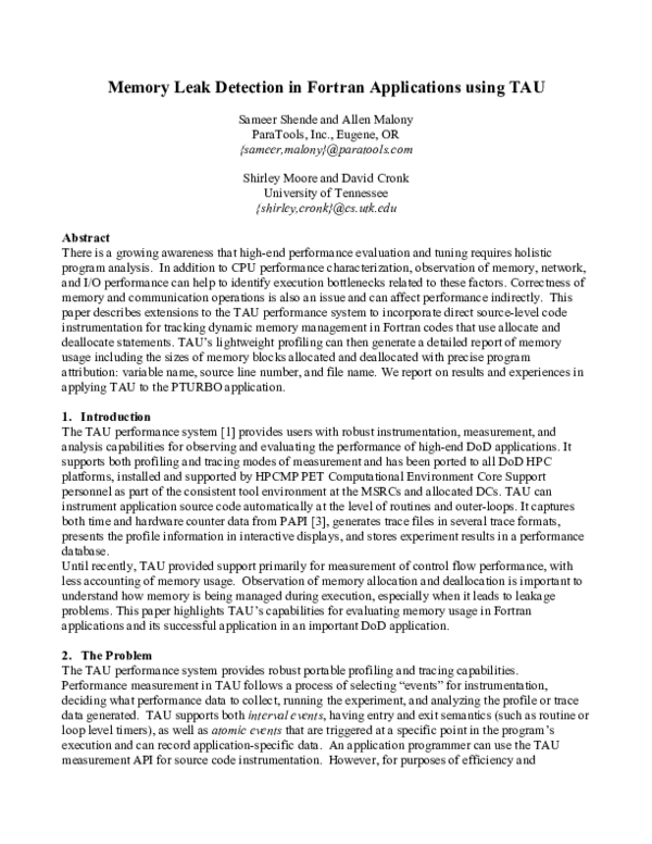 (PDF) Memory Leak Detection in FORTRAN Applications Using TAU