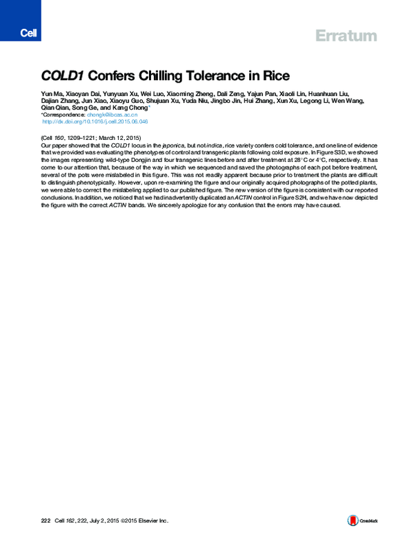 (PDF) COLD1 Confers Chilling Tolerance in Rice | Dali Zeng - Academia.edu