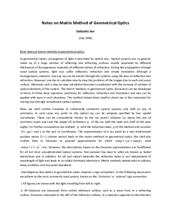(PDF) Notes on Matrix Method of Geometrical Optics - Basic ideas of ...