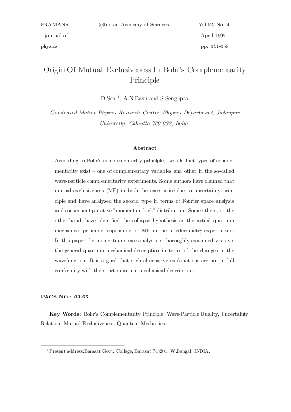 (PDF) Origin of mutual exclusiveness in Bohr’s complementarity principle