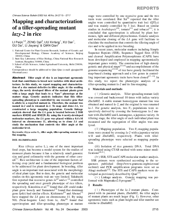 (PDF) Mapping and characterization of a tiller-spreading mutant lazy-2 ...