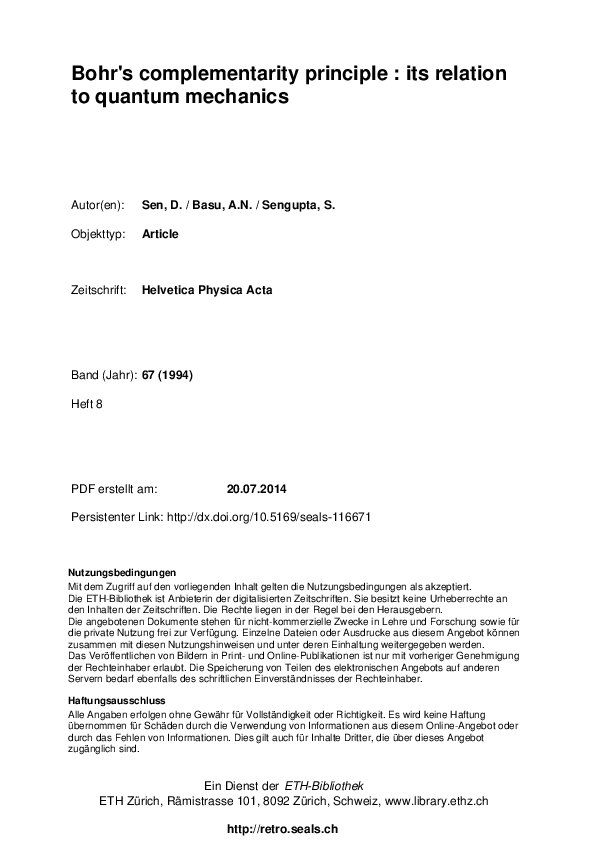 (PDF) Bohr's complementarity principle - its relation to Quantum mechanics