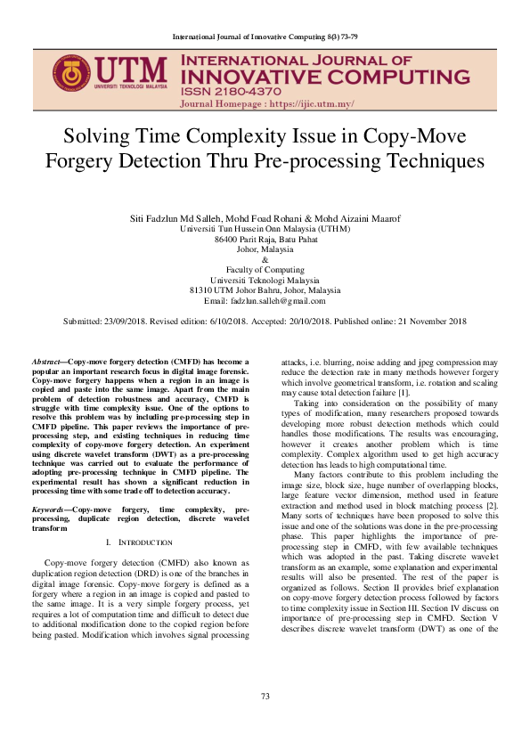 Pdf Solving Time Complexity Issue In Copy Move Forgery Detection Thru Pre Processing Techniques