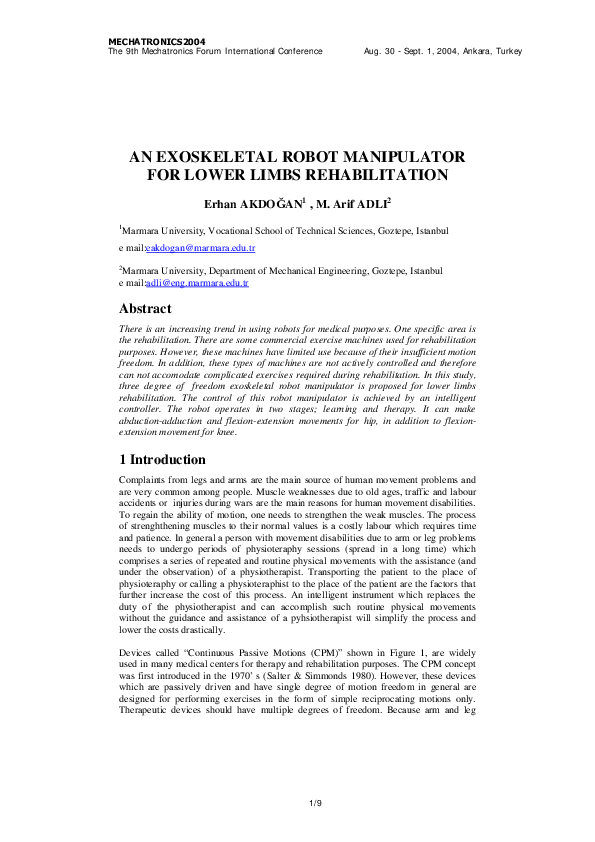 (PDF) An Exoskeletal robot manipulator for lower limbs rehabilitation