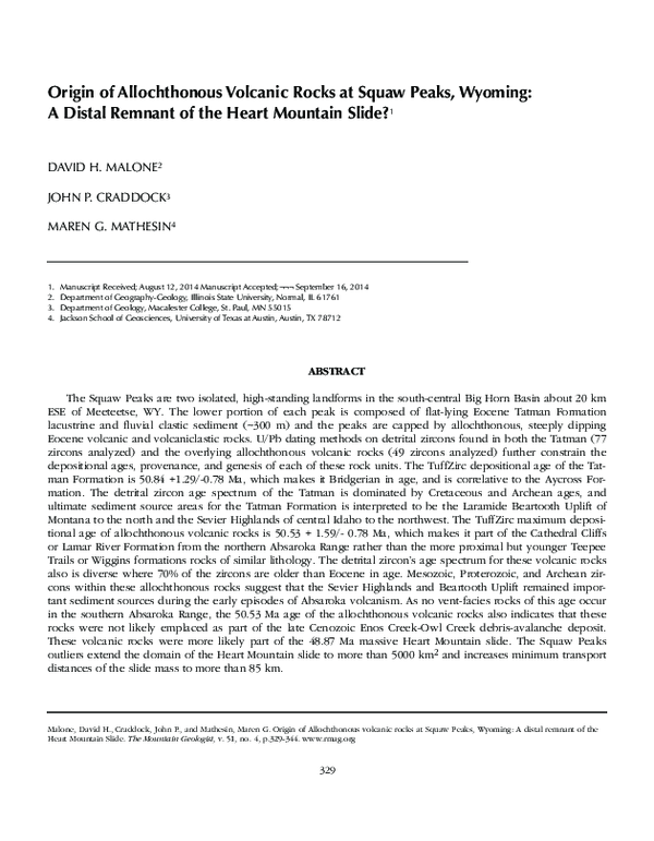 (PDF) Origin of Allochthonous Volcanic Rocks at Squaw Peaks, Wyoming: A ...