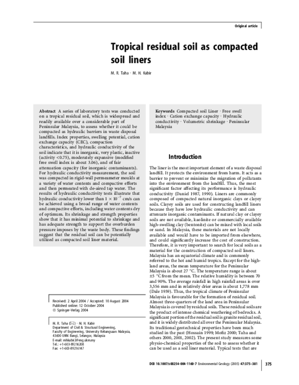(PDF) Tropical residual soil as compacted soil liners