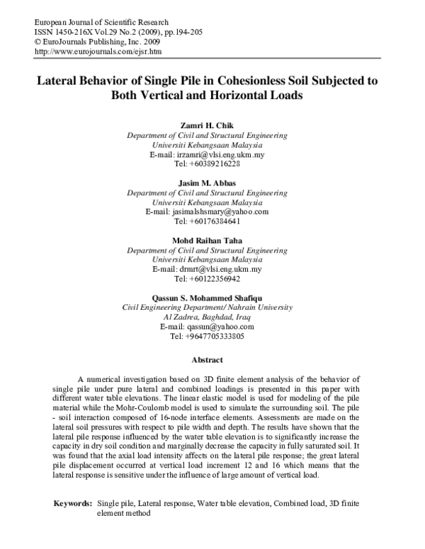(PDF) Lateral Behavior of Single Pile in Cohesionless Soil Subjected to ...