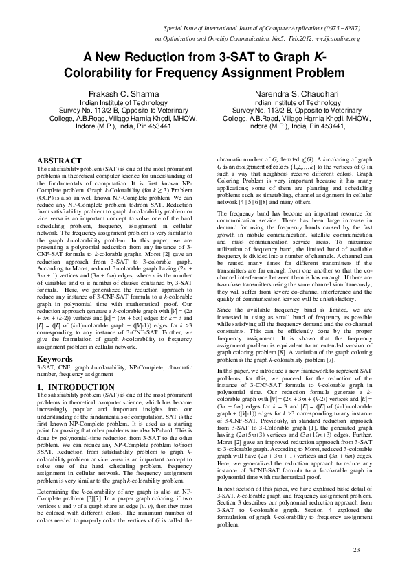 (PDF) A New Reduction from 3-SAT to Graph K-Colorability for Frequency Assignment Problem
