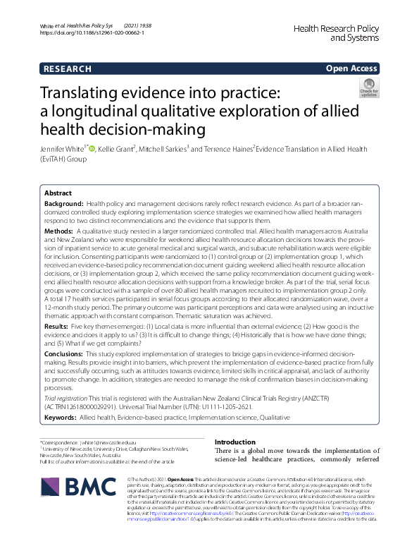(PDF) Translating evidence into practice: A longitudinal qualitative exploration of allied ...