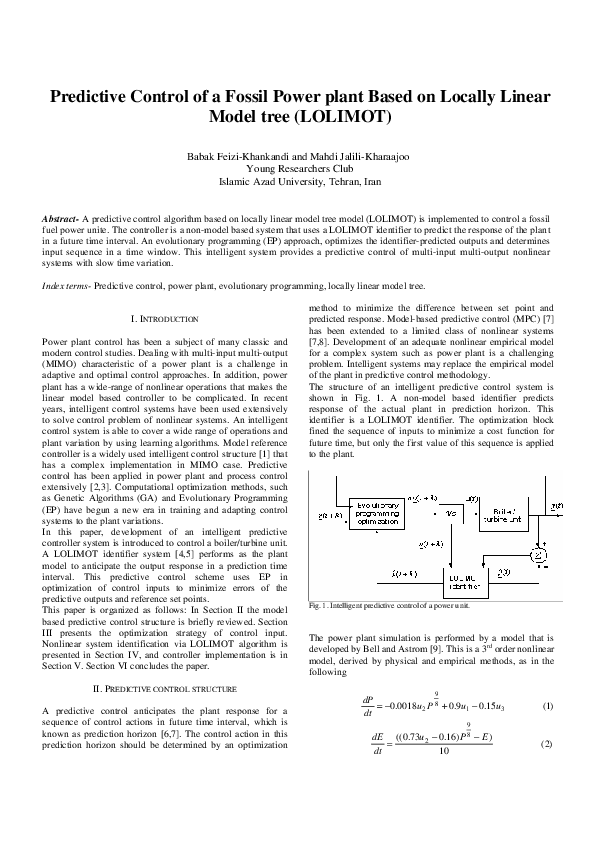 (PDF) Predictive control of a fossil power plant based on locally linear model tree (LOLIMOT)