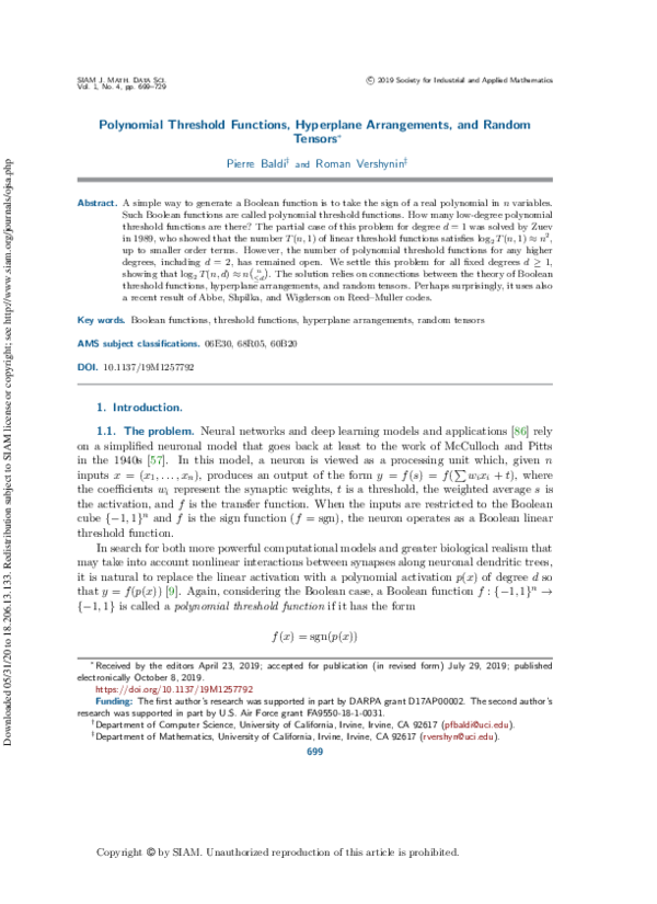 Pdf Polynomial Threshold Functions Hyperplane Arrangements And Random Tensors