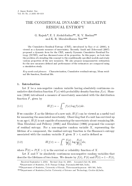 (PDF) The Conditional Dynamic Cumulative Residual Entropy