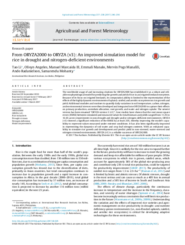 (PDF) From ORYZA2000 to ORYZA (v3): An improved simulation model for rice in drought and ...