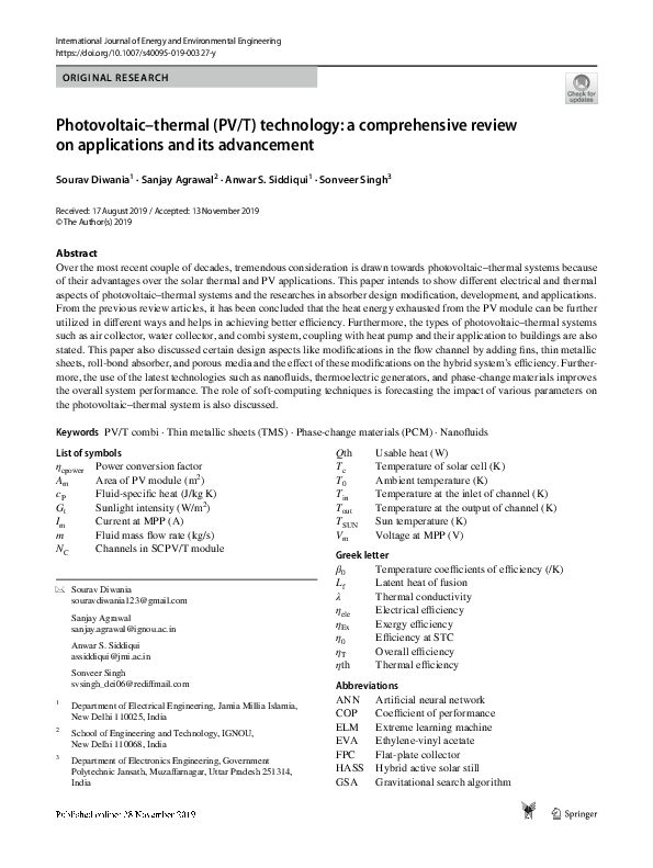 (PDF) Photovoltaic–thermal (PV/T) technology: a comprehensive review on ...