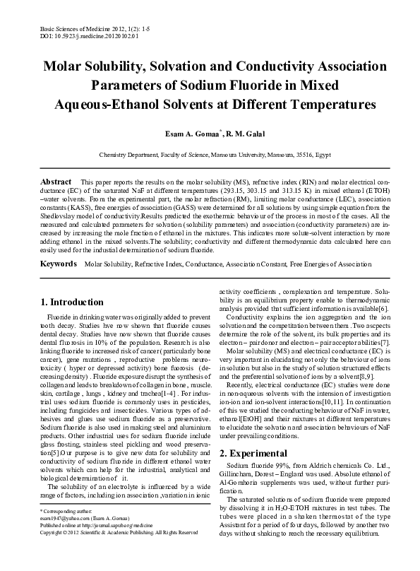 (PDF) Molar Solubility, Solvation and Conductivity Association Parameters of Sodium Fluoride in ...