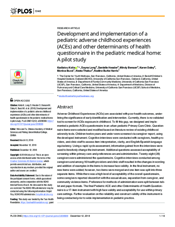 (PDF) Pediatric ACEs Screening Tool: Development and Pilot Study