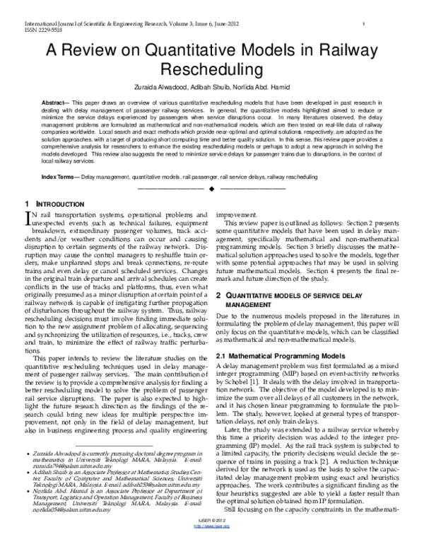 (PDF) Quantitative Models for Railway Rescheduling