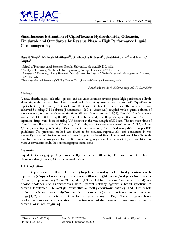(PDF) Simultaneous Estimation of Ciprofloxacin, Ofloxacin, Tinidazole and Ornidazole by Reverse ...