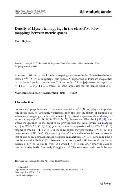 Pdf Density Of Lipschitz Mappings In The Class Of Sobolev Mappings Between Metric Spaces