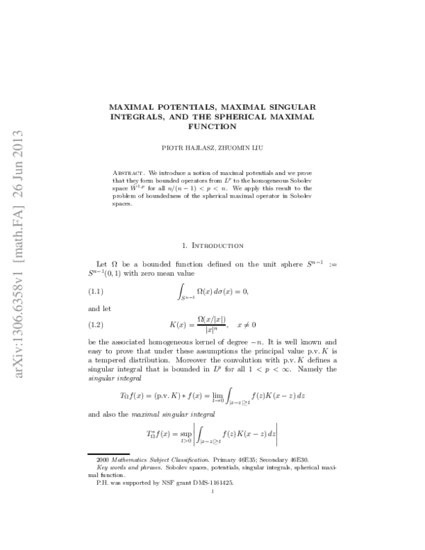 (PDF) Maximal potentials, maximal singular integrals, and the spherical ...