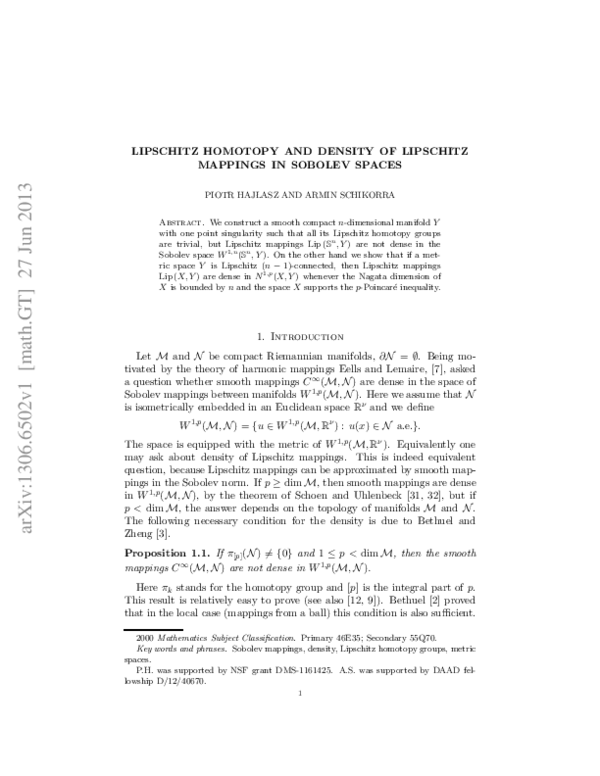 Pdf Density Of Lipschitz Mappings In The Class Of Sobolev Mappings Between Metric Spaces