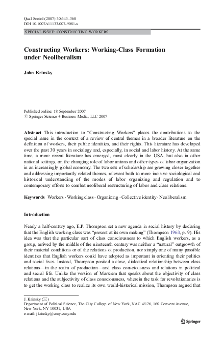 (PDF) Constructing Workers: Working-Class Formation under Neoliberalism