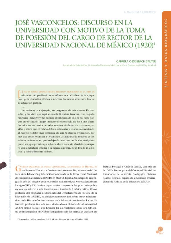 (PDF) José Vasconcelos: discurso en la universidad con motivo de la toma de posesión del cargo ...