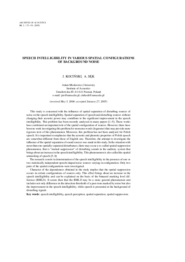 Pdf Speech Intelligibility In Various Spatial Configurations Of