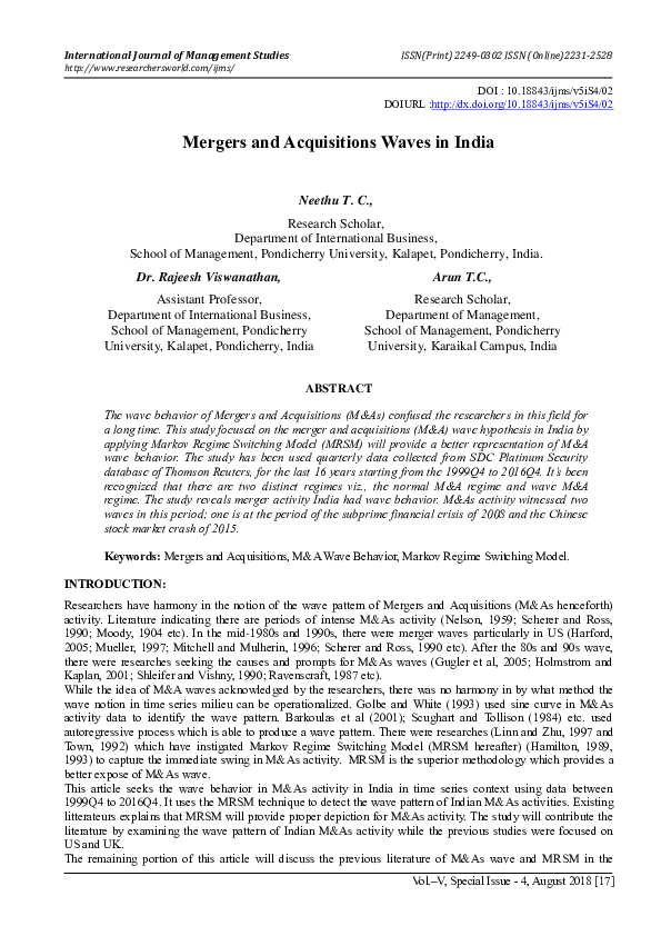 (PDF) Mergers and Acquisitions Waves in India