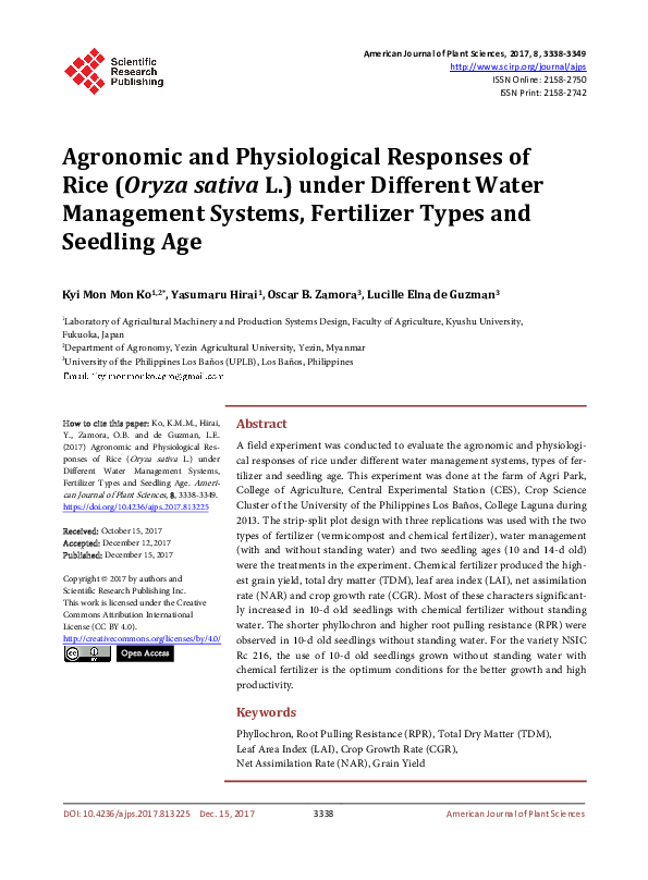 (PDF) Agronomic and Physiological Responses of Rice (Oryza sativa L.) under Different Water ...