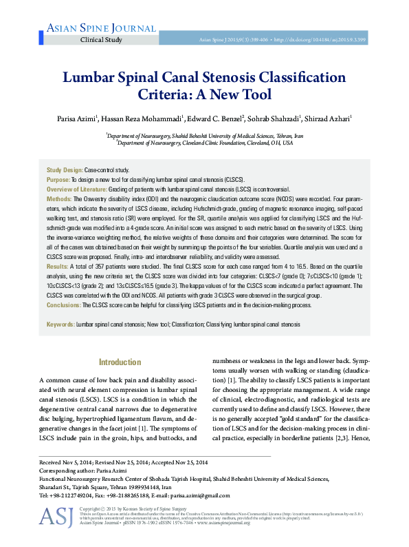 (PDF) Lumbar Spinal Canal Stenosis Classification Criteria: A New Tool