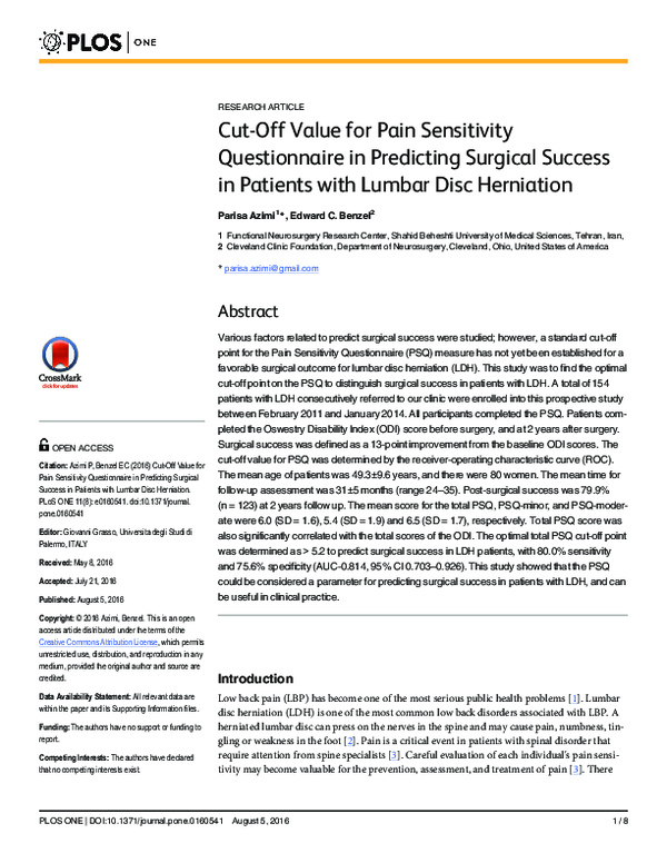 (PDF) Cut-Off Value for Pain Sensitivity Questionnaire in Predicting ...