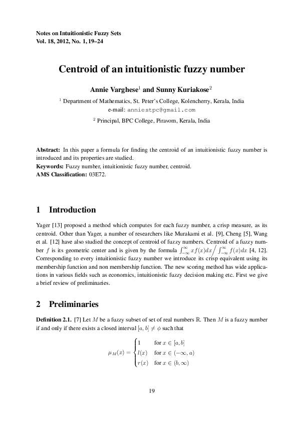 (PDF) Centroid of an intuitionistic fuzzy number
