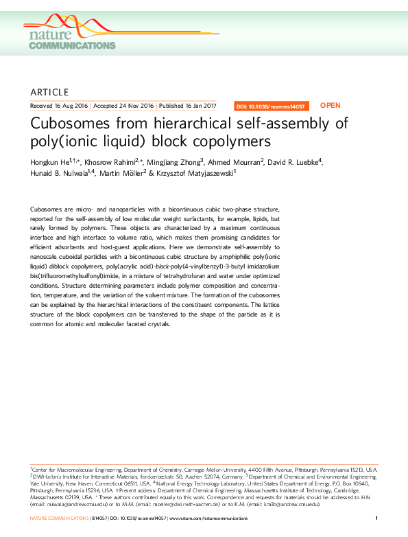 (PDF) Cubosomes from hierarchical self-assembly of poly(ionic liquid ...