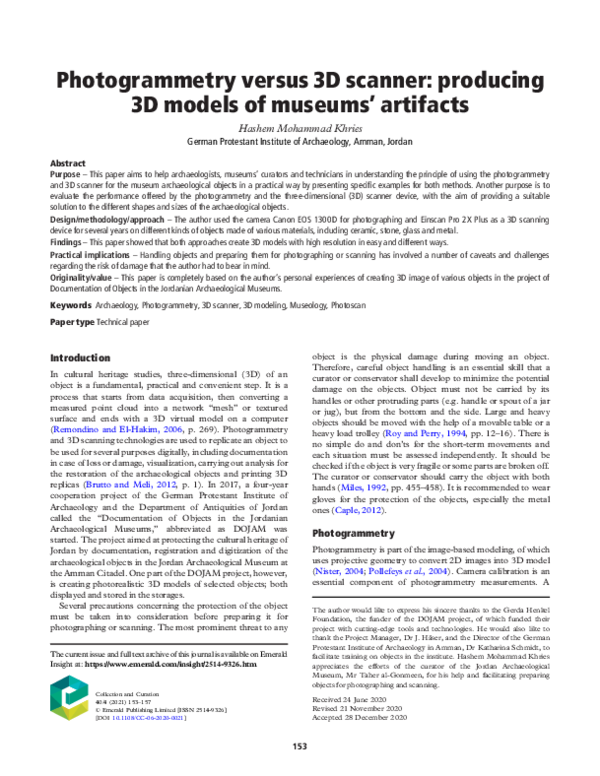 (PDF) Photogrammetry versus 3D scanner: producing 3D models of museums ...