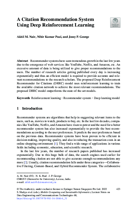 Pdf A Citation Recommendation System Using Deep Reinforcement Learning