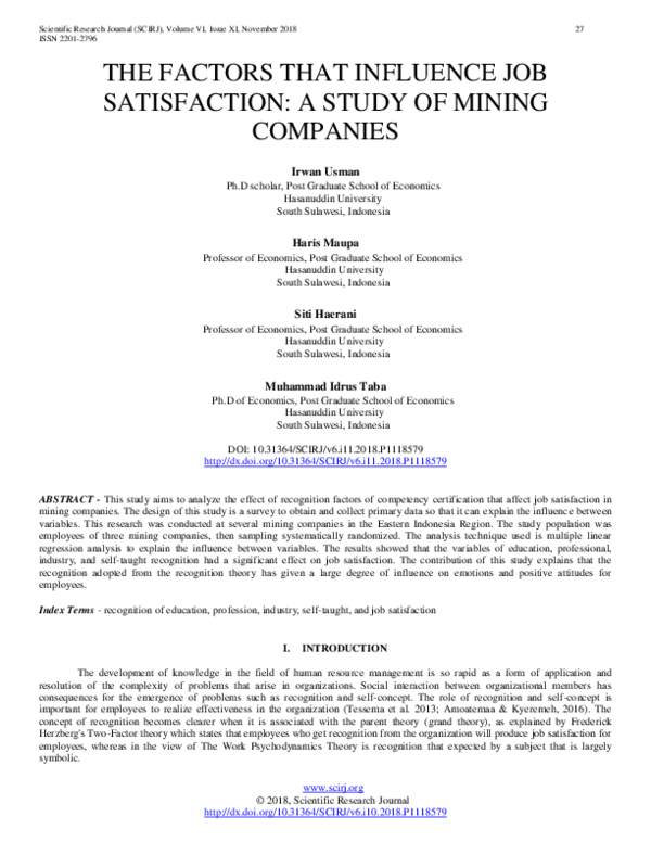 (PDF) The Factors That Influence Job Satisfaction: A Study of Mining ...