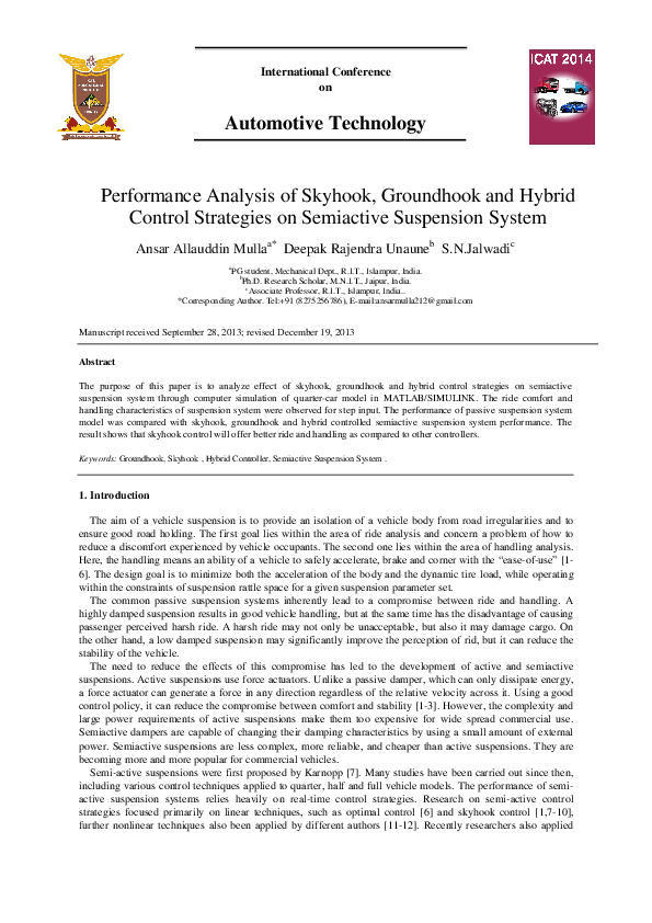 (PDF) Performance Analysis of Skyhook, Groundhook and Hybrid Control Strategies on Semiactive ...