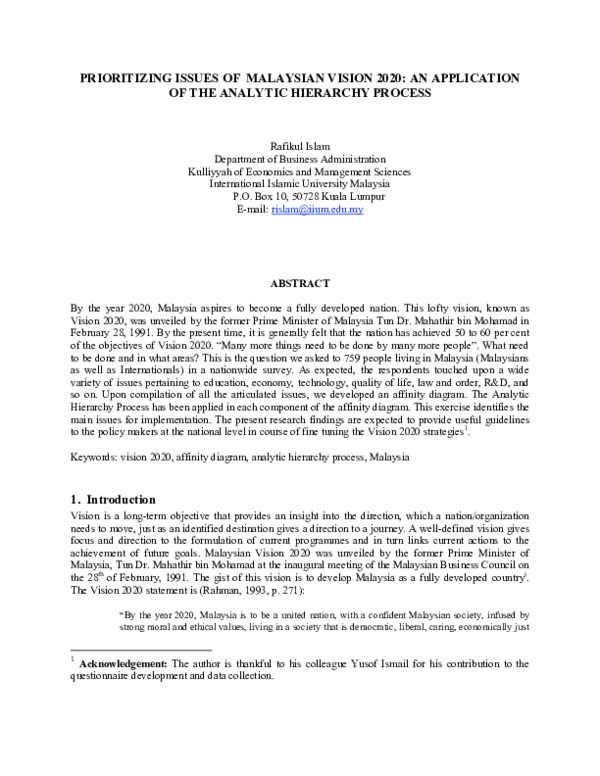 (PDF) Prioritizing Issues of Malaysian Vision 2020: An Application of the Analytic Hierarchy Process