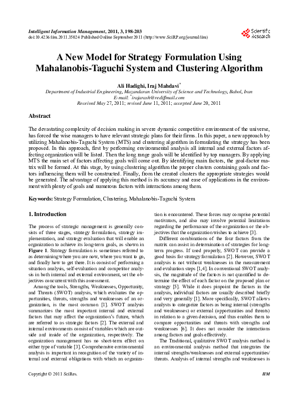 (PDF) A New Model for Strategy Formulation Using Mahalanobis-Taguchi System and Clustering Algorithm