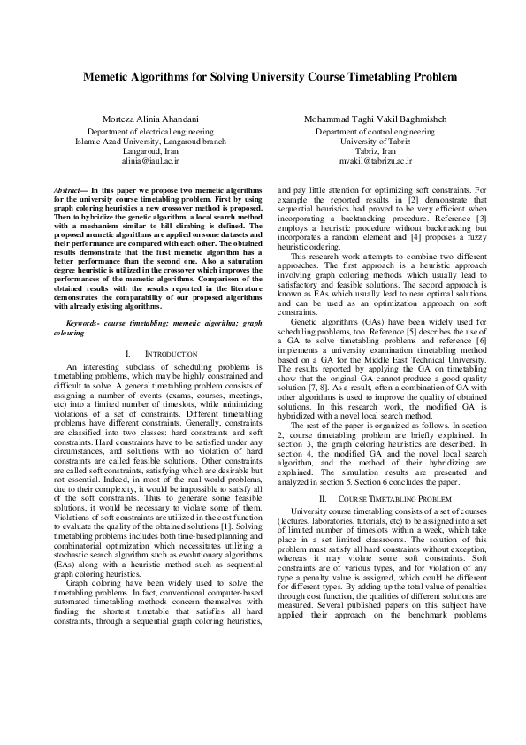 Pdf Memetic Algorithms For Solving University Course Timetabling Problem Morteza Alinia