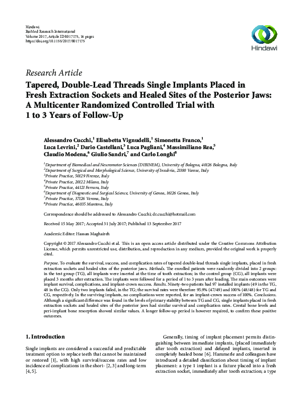 (PDF) Tapered, Double-Lead Threads Single Implants Placed in Fresh ...