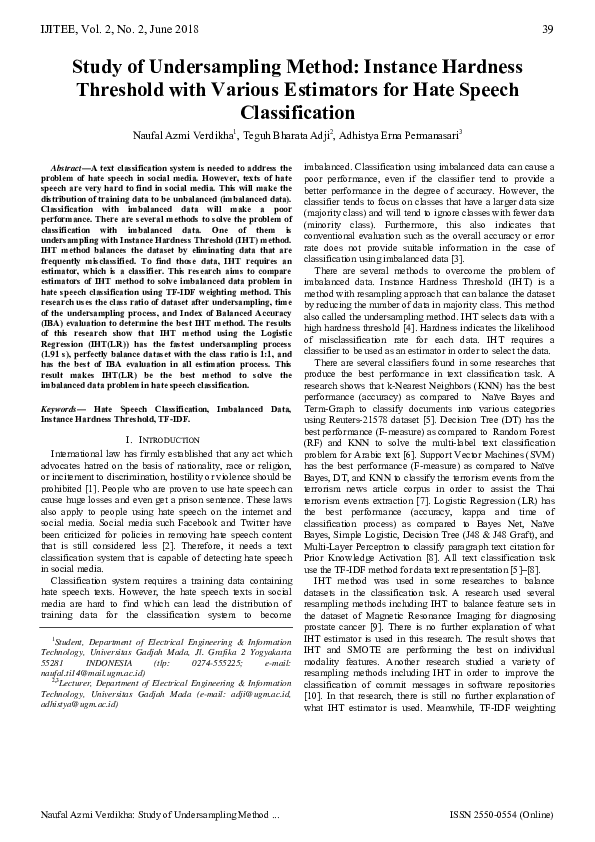 (PDF) Study of Undersampling Method: Instance Hardness Threshold with Various Estimators for ...