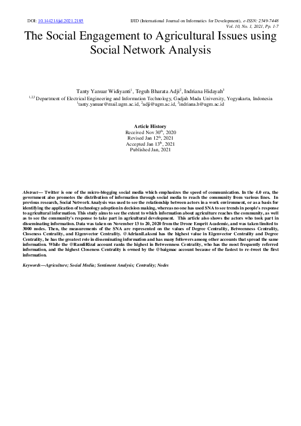 (PDF) The Social Engagement to Agricultural Issues using Social Network ...