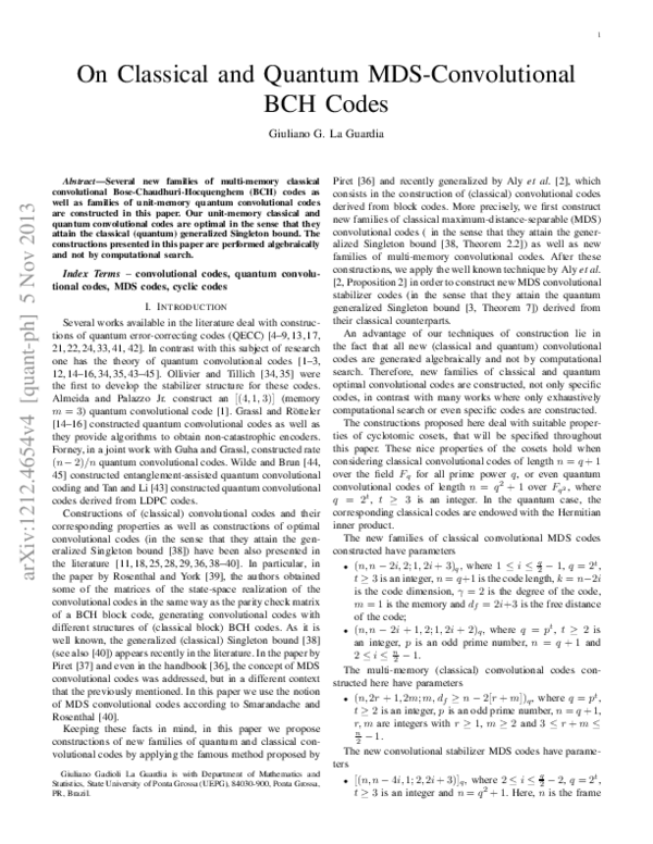 (PDF) On Classical and Quantum MDS-Convolutional BCH Codes