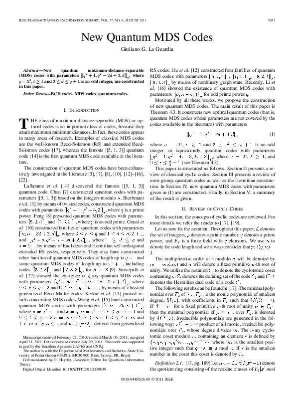 (PDF) New Quantum MDS Codes