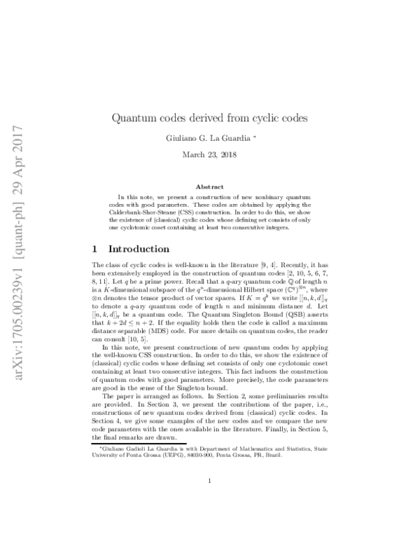 (PDF) Quantum Codes Derived from Cyclic Codes