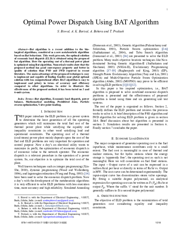 (PDF) Optimal power dispatch using BAT algorithm