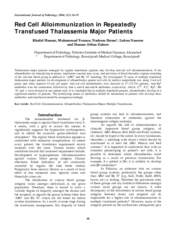 (PDF) Red Cell Alloimmunization in Repeatedly Transfused Thalassemia ...