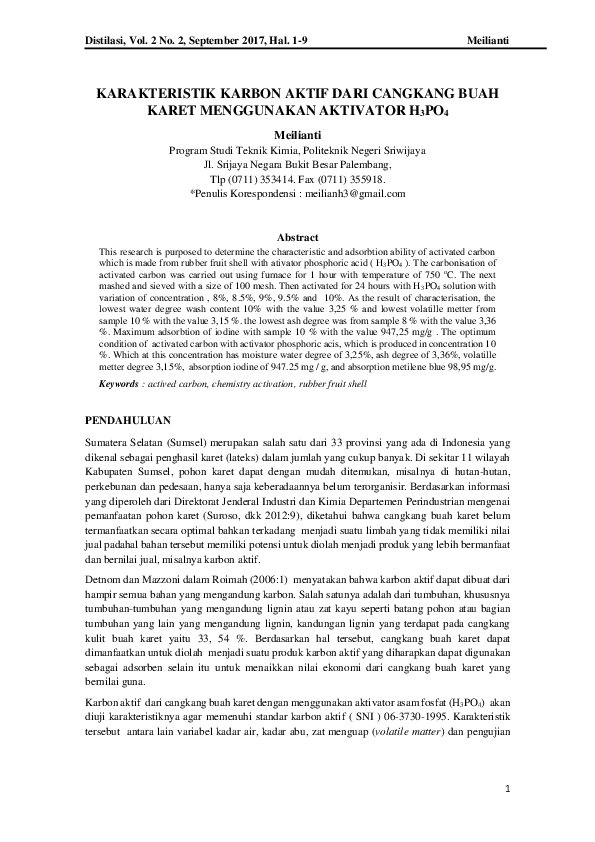 (PDF) Karakteristik Karbon Aktif Dari Cangkang Buah Karet Menggunakan Aktivator H3PO4